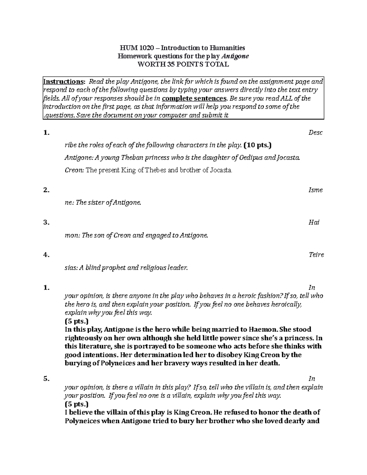 Antigone Questions completed - HUM 1020 – Introduction to Humanities ...