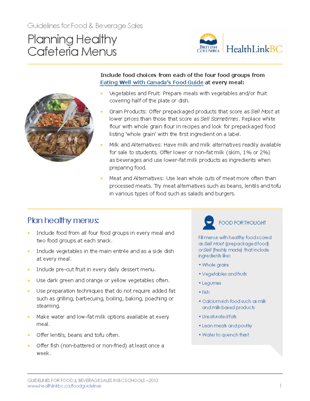 Planning Healthy Cafeteria Menus - GUIDELINES FOR FOOD & BEVERAGE SALES ...