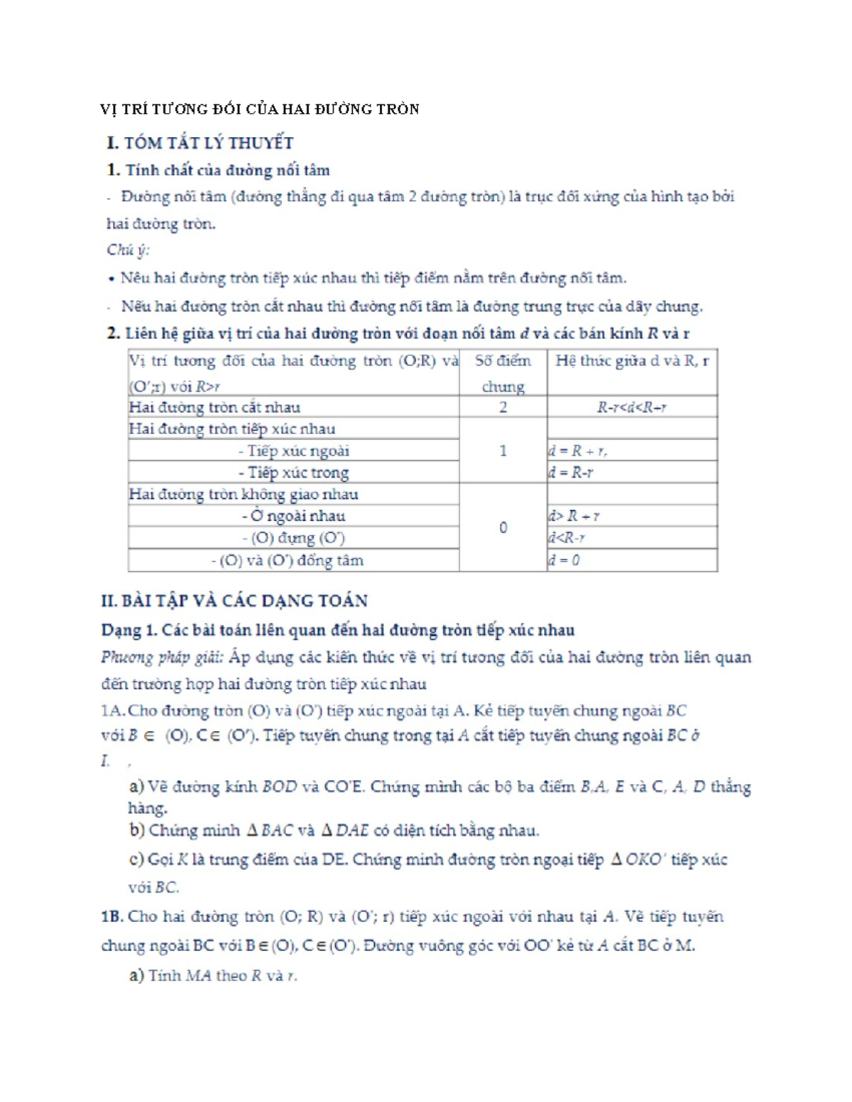 VỊ TRÍ TƯƠNG ĐỐI CỦA HAI ĐƯỜNG TRÒN - VI TRÍ DÓI CÚA HAI DUONG TRON I. TÓM TAT LY THUYÉT 1. Tính ...