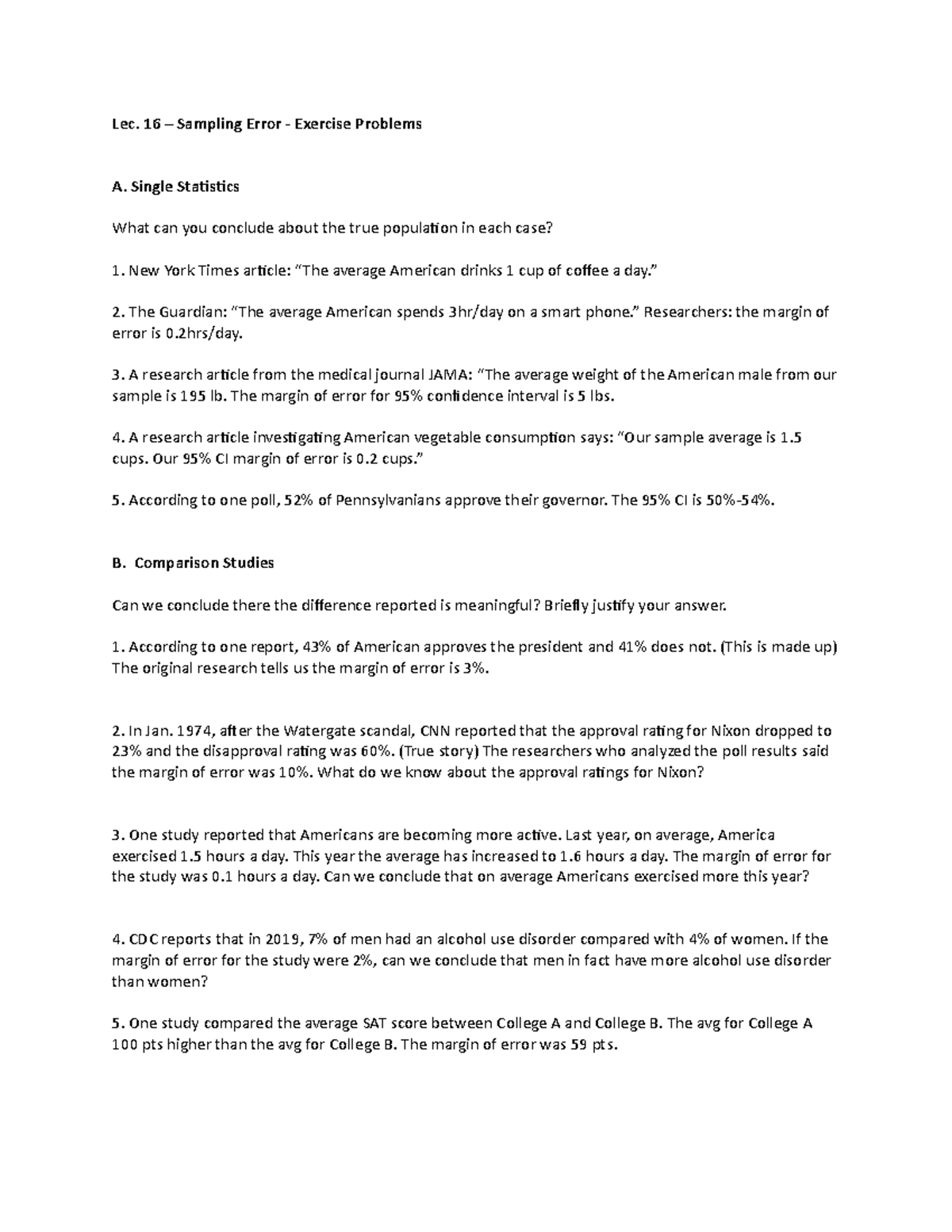 Lec 16 Sampling Errors Exercise Problems Lec 16 Sampling Error Exercise Problems A