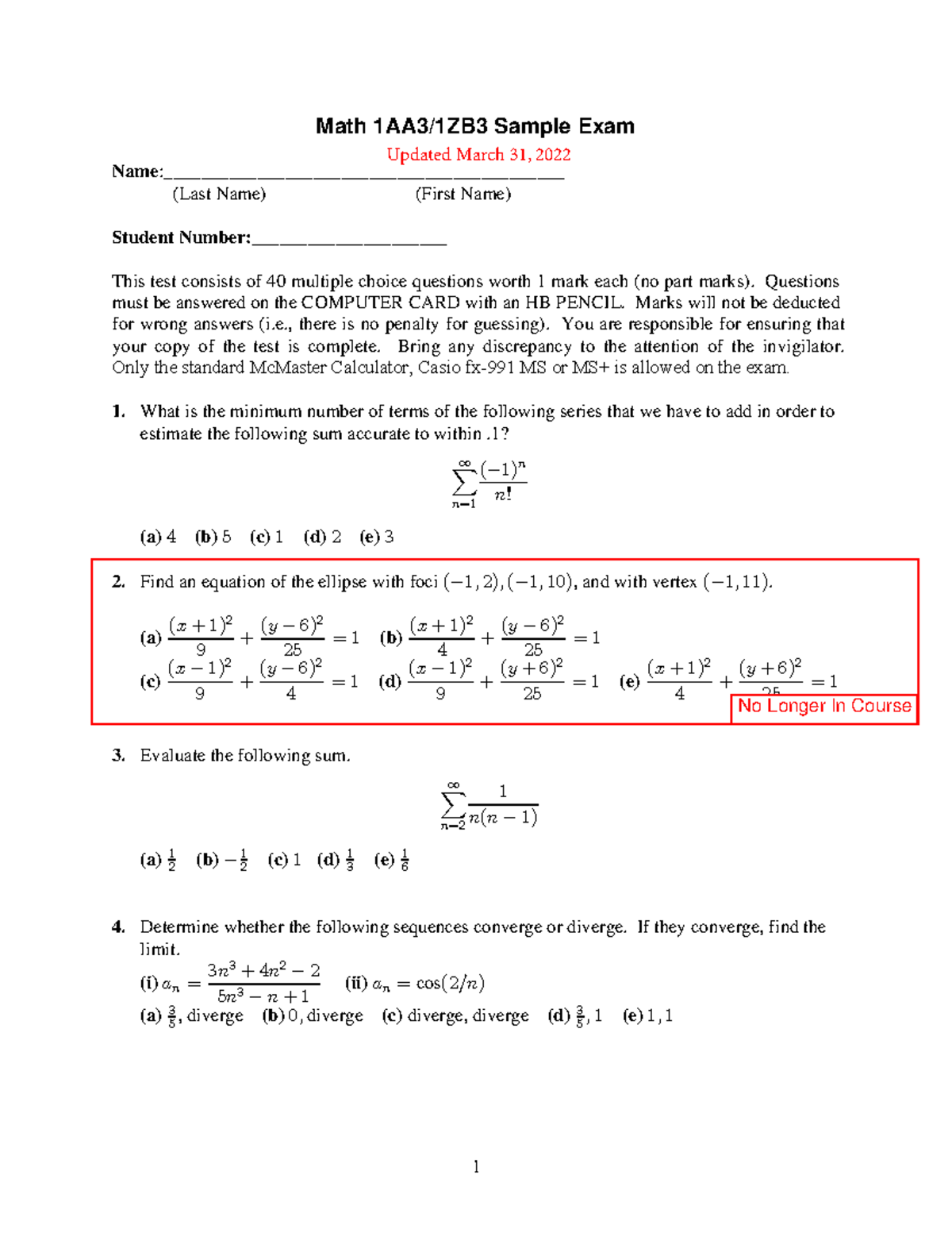 Sample Exam - Math 1AA3/1ZB3 Sample Exam Name