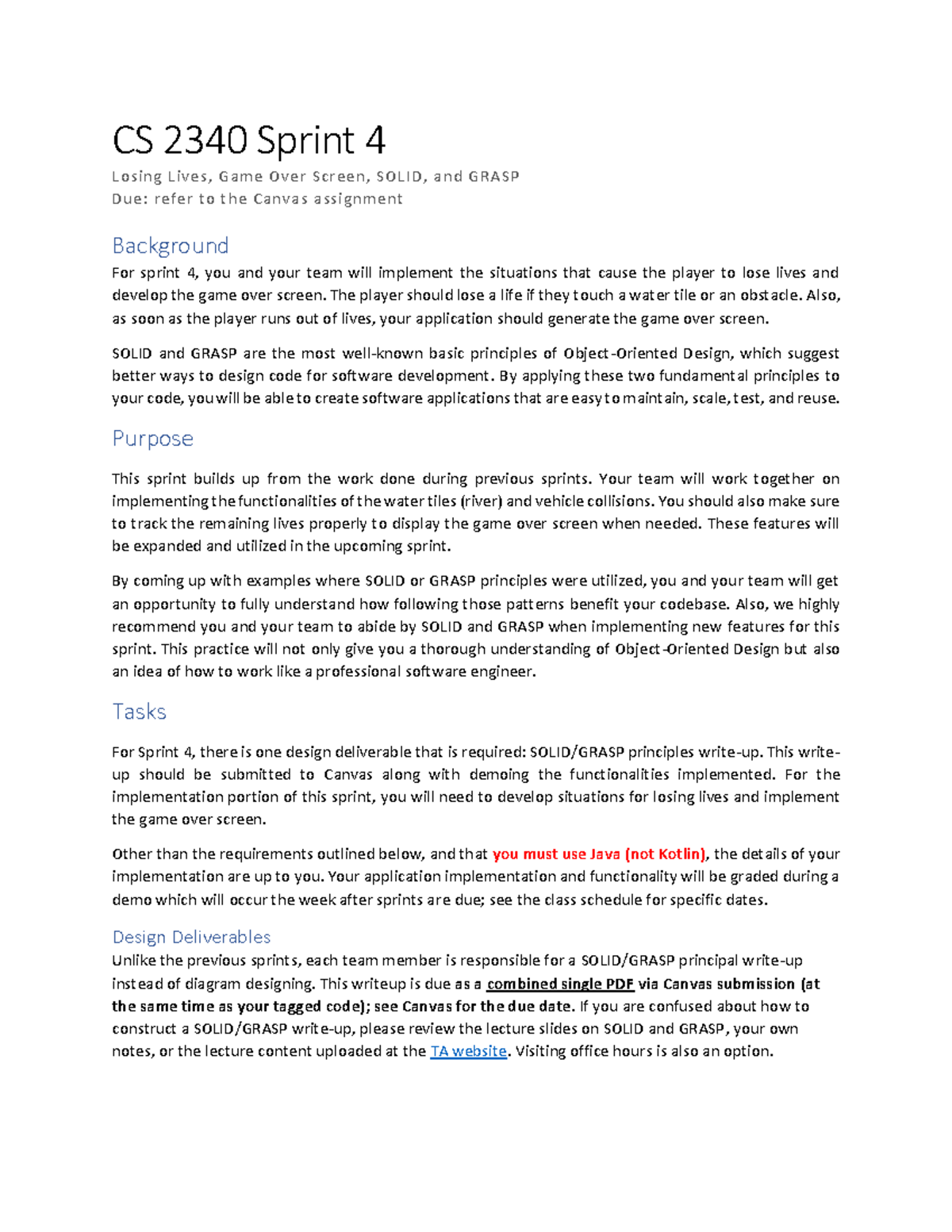 Sprint 4 - Spring 2023 - CS 2340 Sprint 4 Losing Lives, Game Over Screen, SOLID, and GRASP Due ...