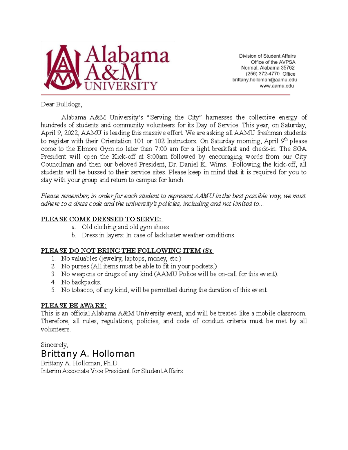 Letter for Students from VP - Dear Bulldogs, Alabama A&M University’s ...