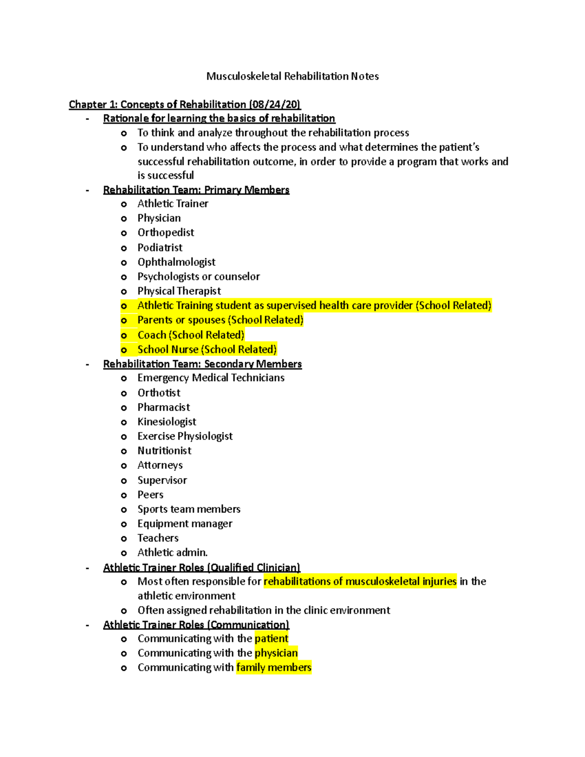 Musculoskeletal Rehabilitation Chapter 1 Notes Fall 2020 ...