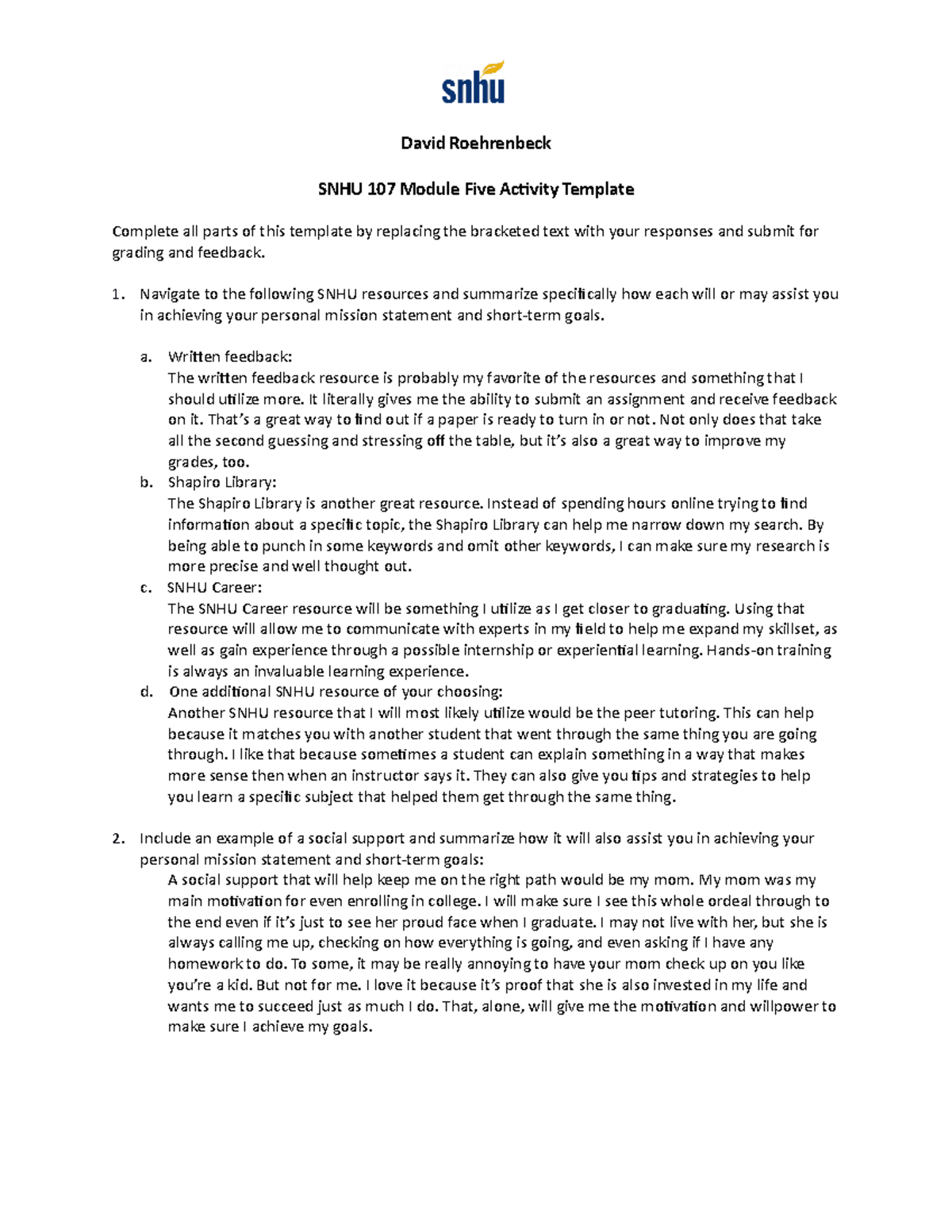 SNHU 107 Module Five Activity Template - David Roehrenbeck SNHU 107 ...