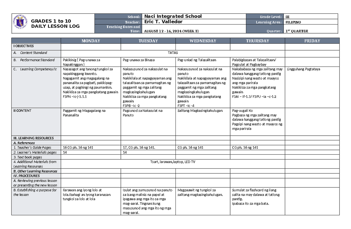 DLL Filipino 3 Q1 W3 - Bachelor of Elementary Education - GRADES 1 to ...