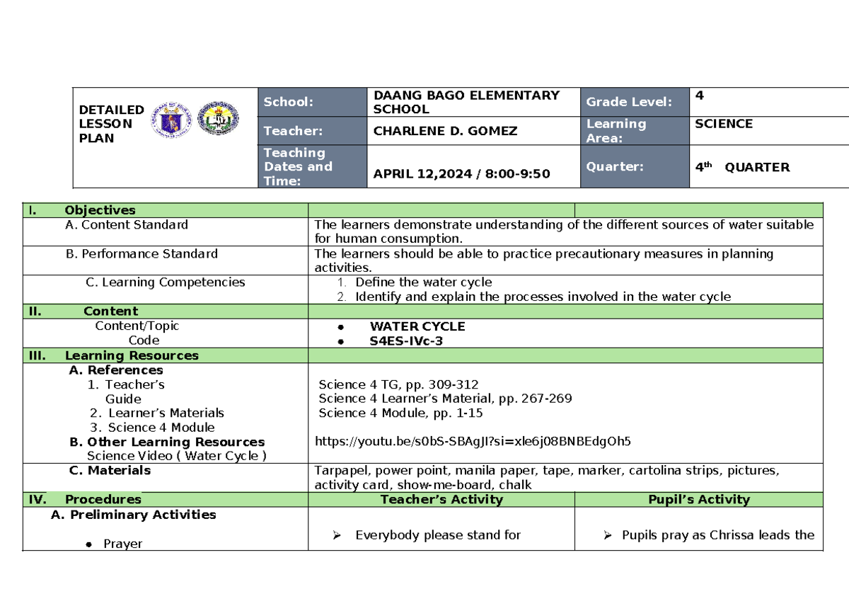 Science 4 DEMO LP 23 24 - DETAILED LESSON PLAN School: DAANG BAGO ...