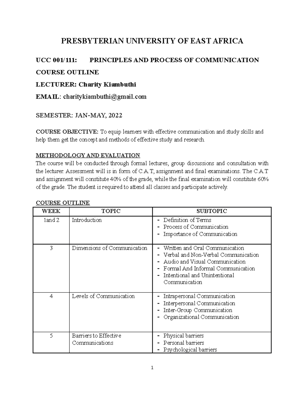 UCC 111 Course Outline and Notes 2022 - PRESTERIAN UNIVERSITY OF EAST ...