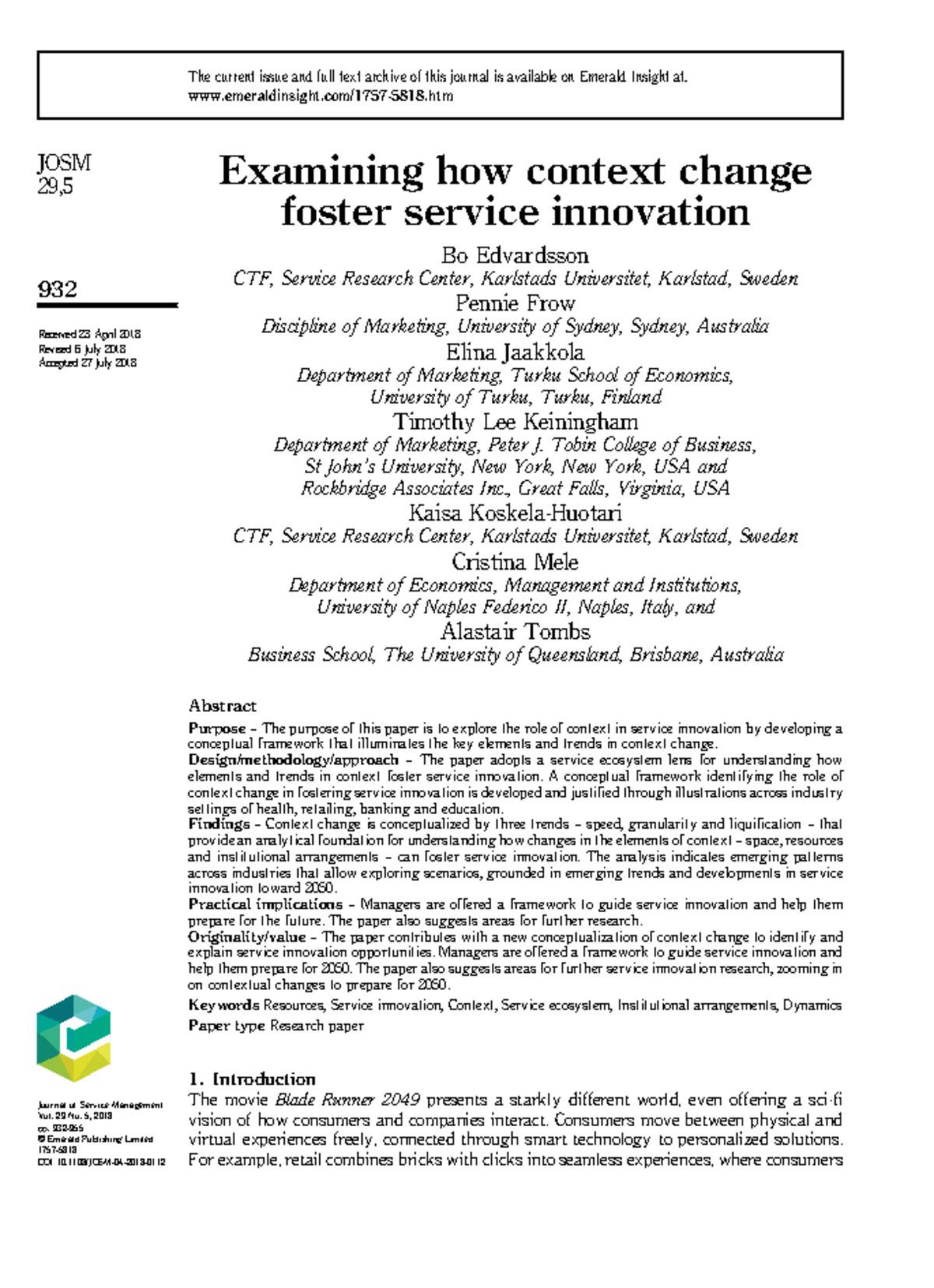Wk 5 - Examining how context change foster service innovation ...
