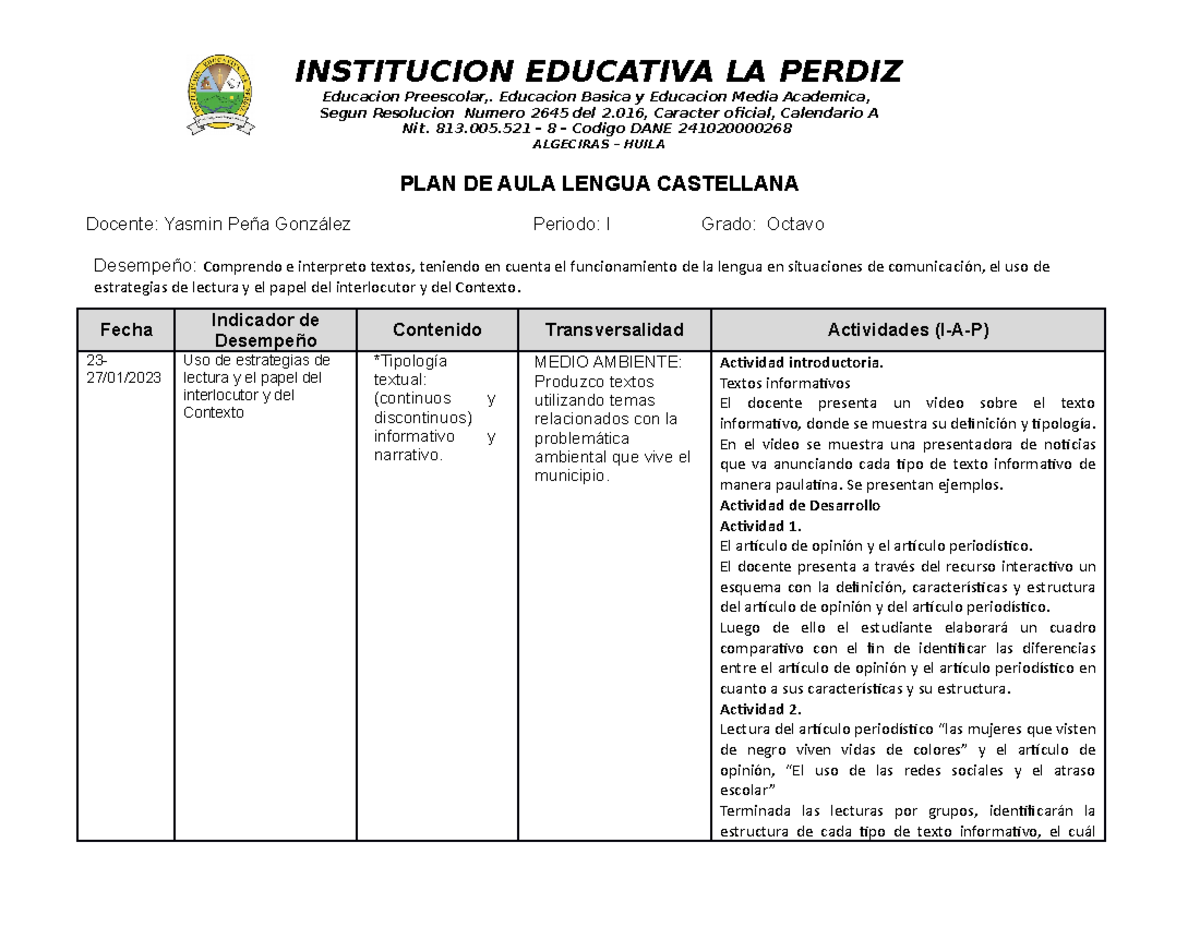 PLAN AULA 8 - Plan Aula - INSTITUCION EDUCATIVA LA PERDIZ Educacion Preescolar,. Educacion ...
