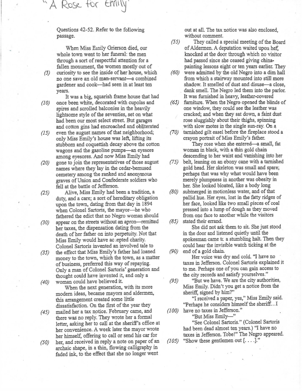 A Rose for Emily Reading Check 1 - Rose for Emily Questions Refer to ...