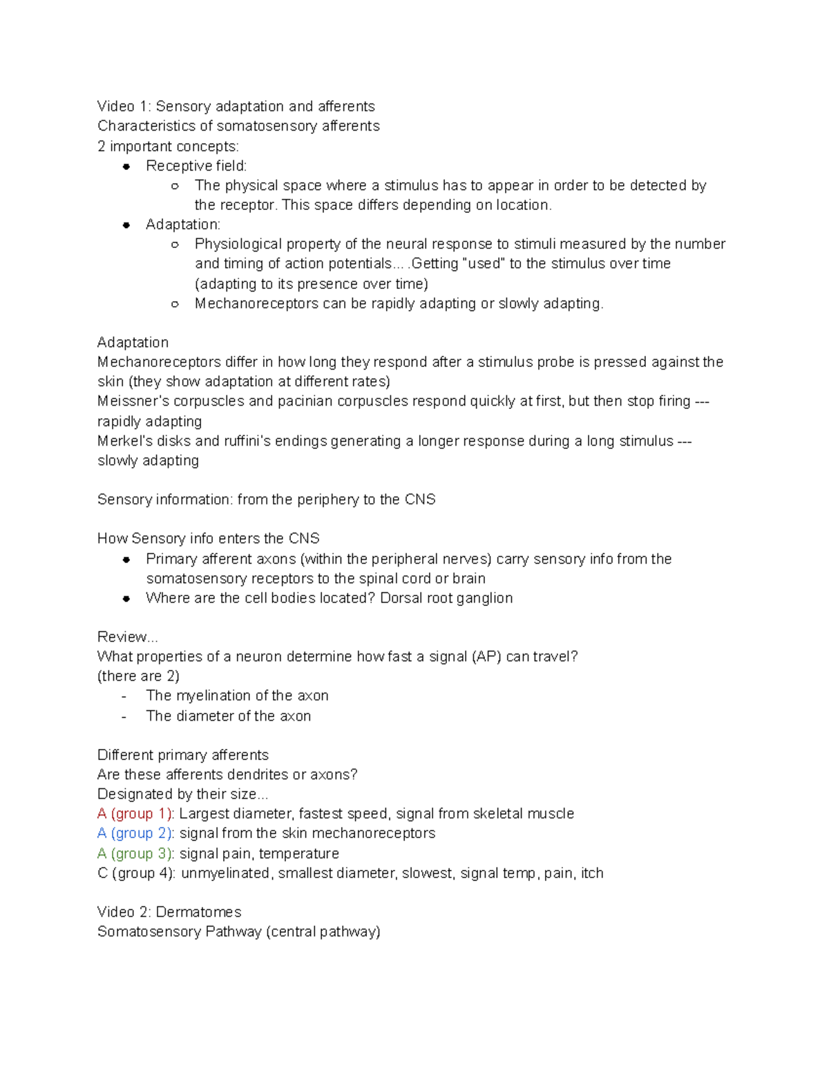 Neuro Week 2 Notes - Video 1: Sensory adaptation and afferents ...