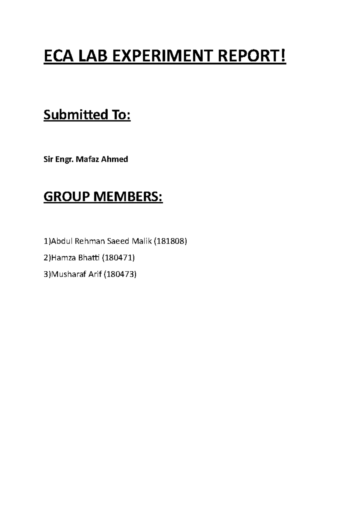 ECA LAB Experiment Report 2 - ECA LAB EXPERIMENT REPORT! Submitted To: Sir Engr. Mafaz Ahmed ...
