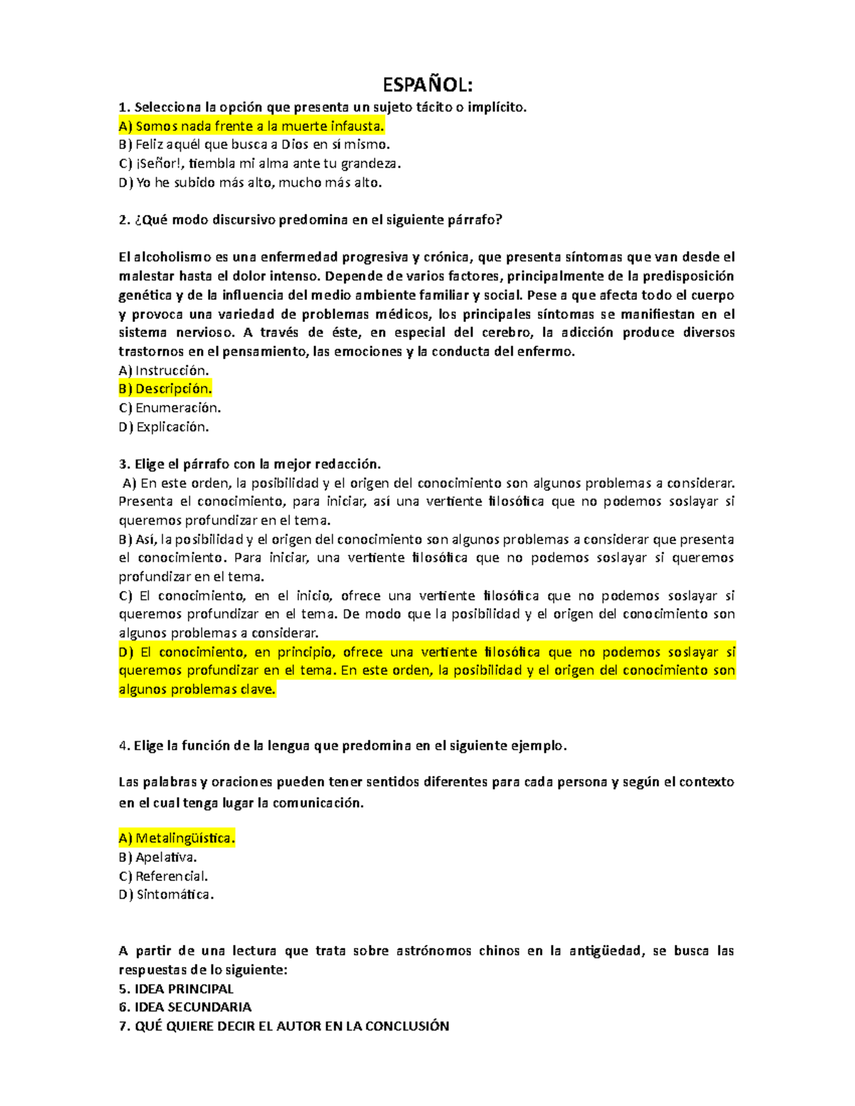 Reactivos Examen - Apuntes 1-2 - ESPAÑOL: 1. Selecciona la opción que ...