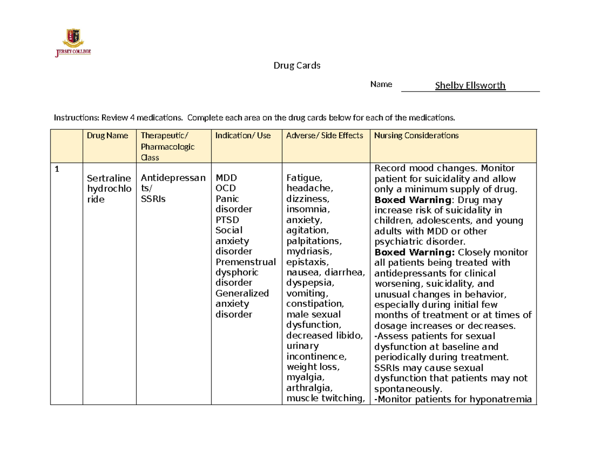 Form for Drug Card Activity wk 8 - Drug Cards Name Shelby Ellsworth ...