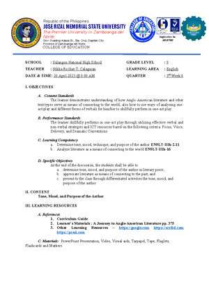 1st QW2 - Sample Lesson Plan - Republic of the Philippines JOSE RIZAL ...