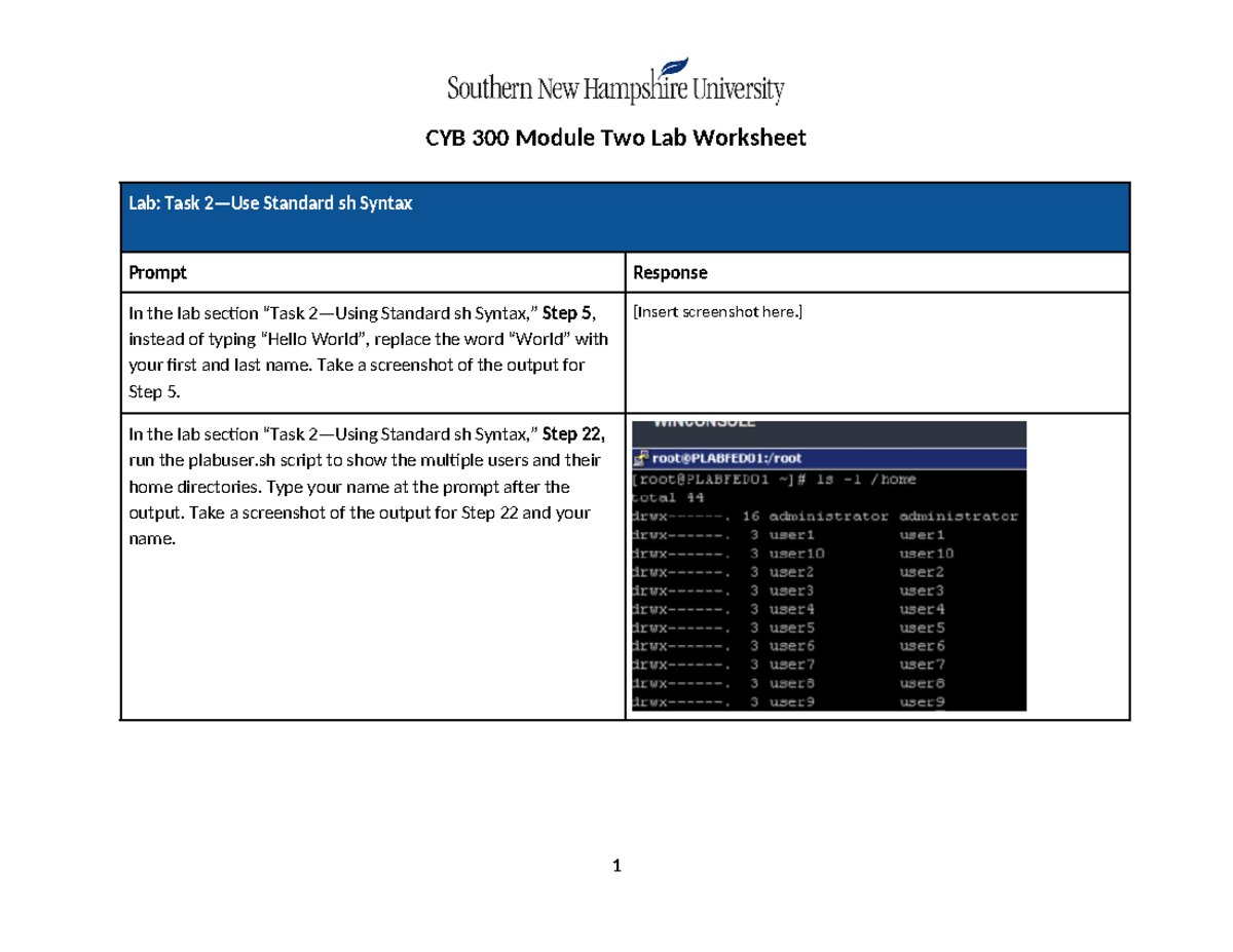 CYB 300 Module Two Lab Worksheet - CYB 300 Module Two Lab Worksheet Lab: Task 2—Use Standard sh ...