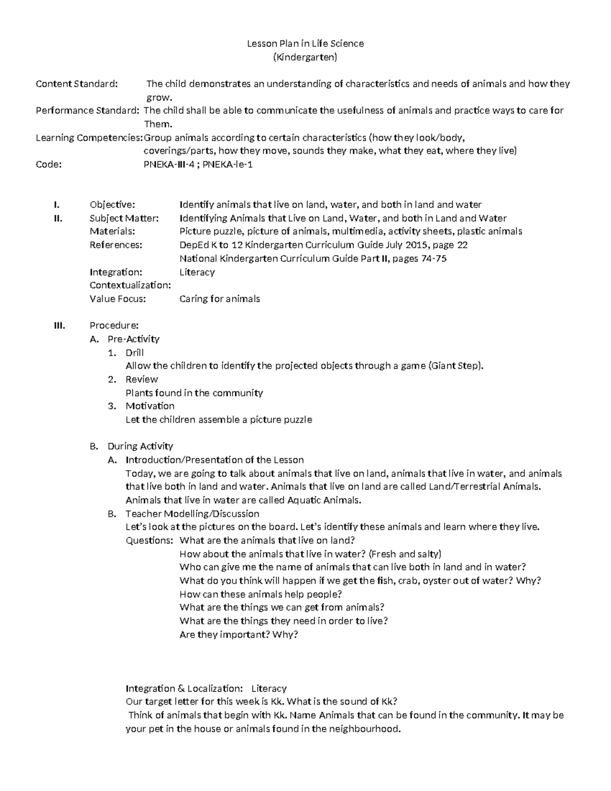 Lesson Plan in Life Science - Lesson Plan in Life Science (Kindergarten ...