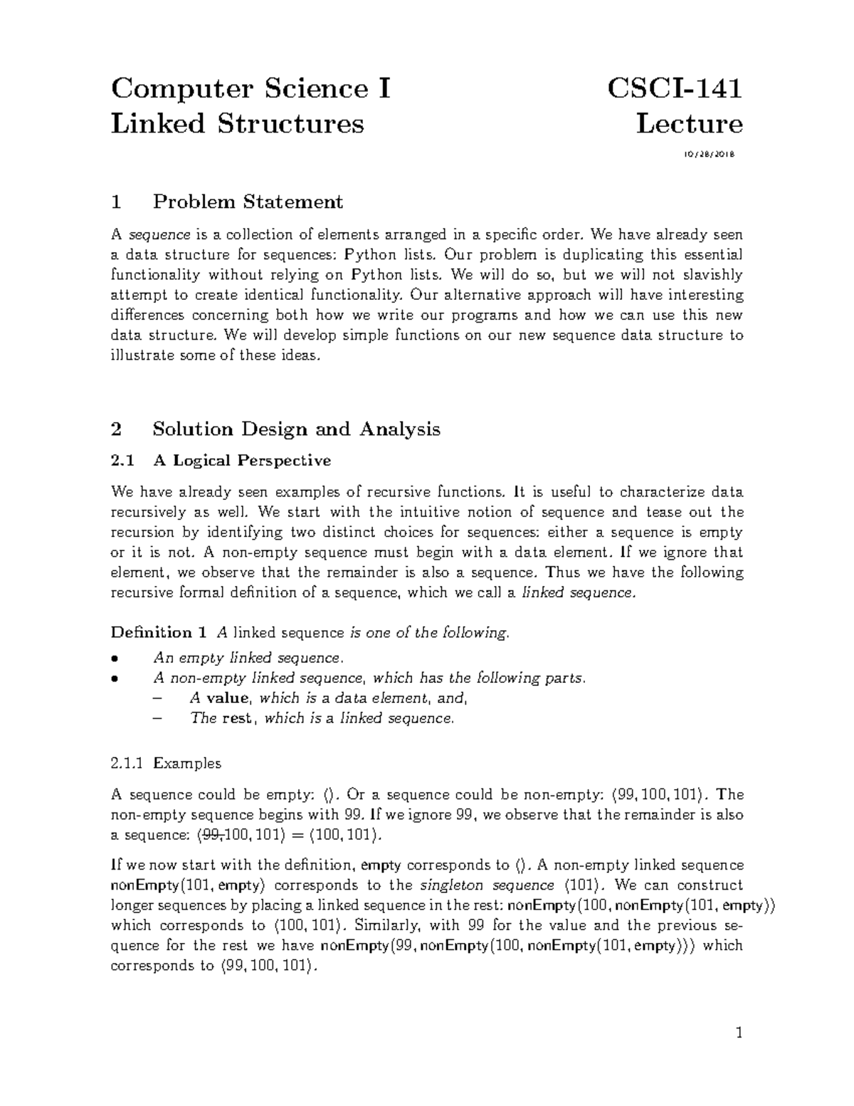 Linked-stu - Lecture notes from week 10 - Computer Science I CSCI ...