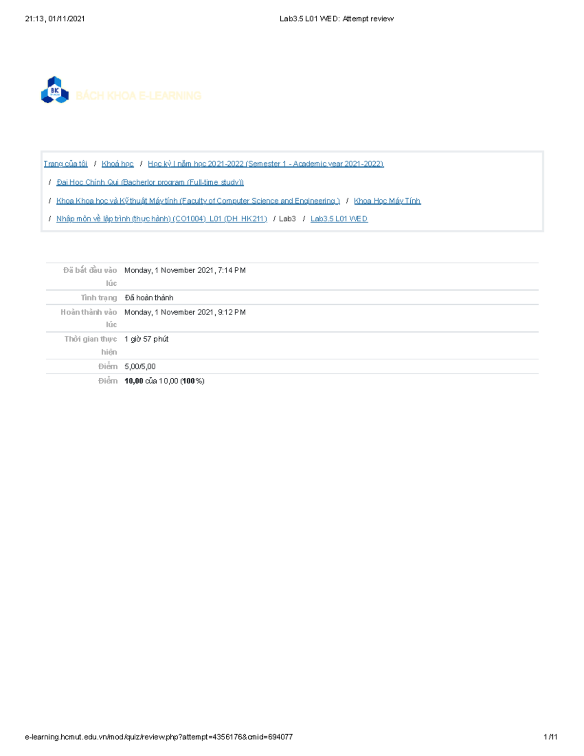 Lab3.5 L01 WED Attempt review - Trang của tôi / Khoá học / Học kỳ I năm ...