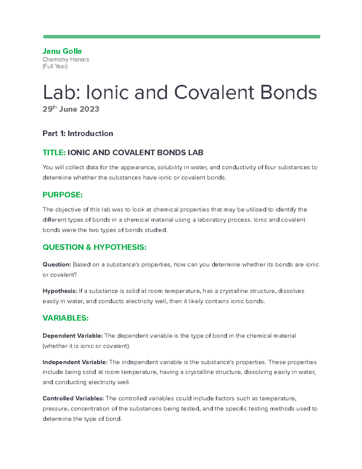 Lab Ionic and Covalent Bonds (Janu Golla) - Janu Golla Chemistry Honors ...