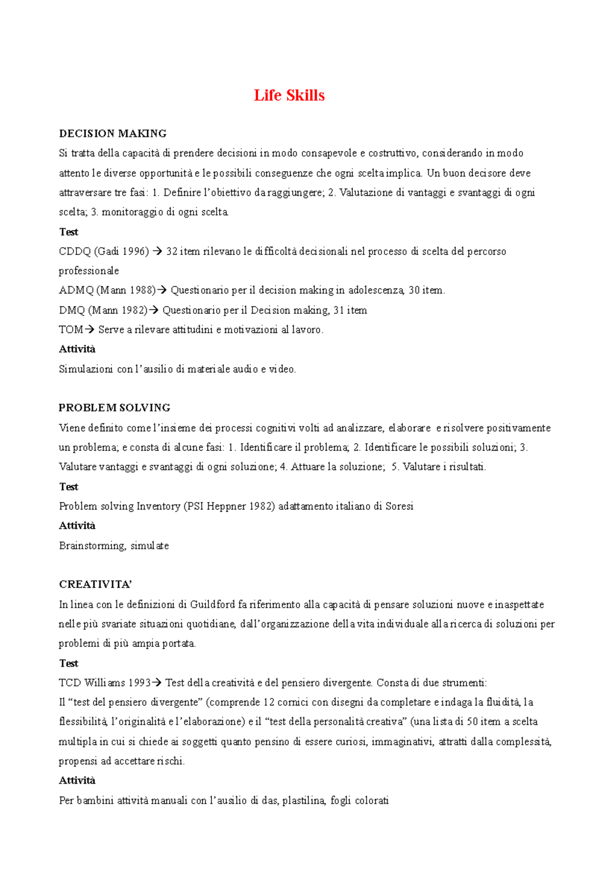 Scaletta life skills - Riassunto Psicodiagnostica - Life Skills ...