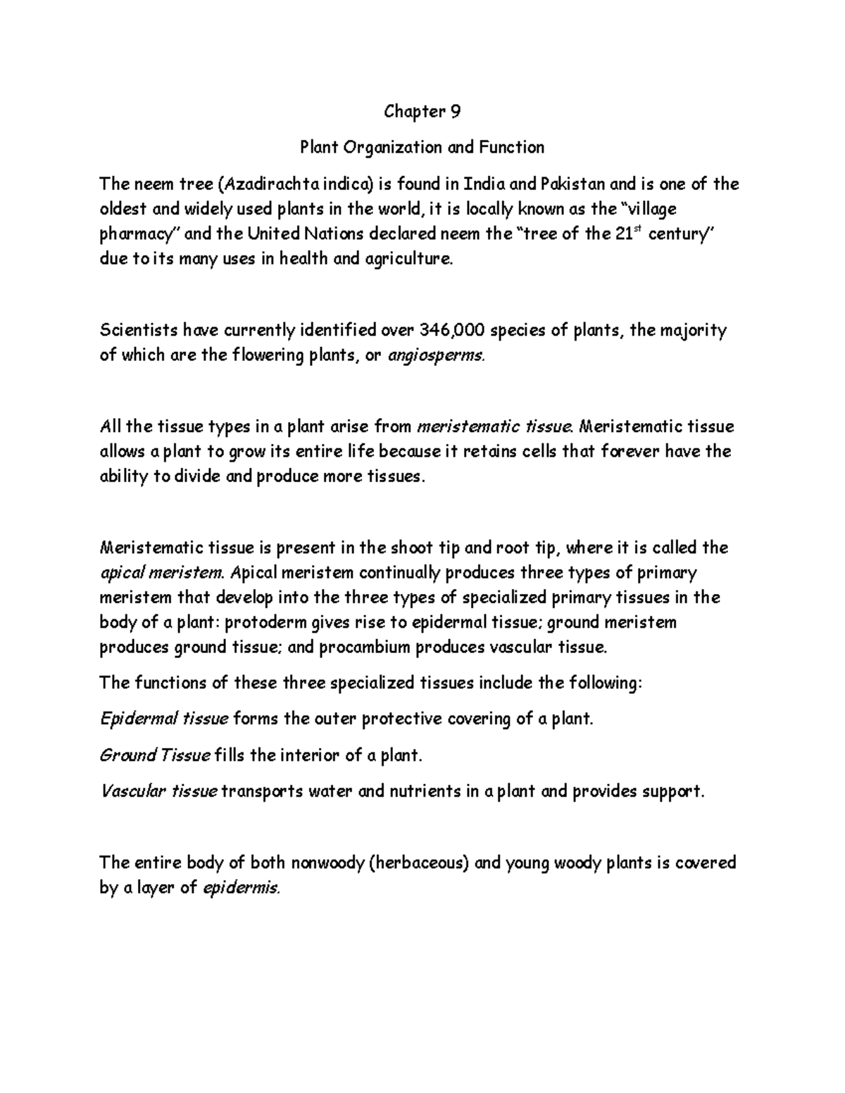 Chapter 9 Plant Organization Notes - Chapter 9 Plant Organization and ...