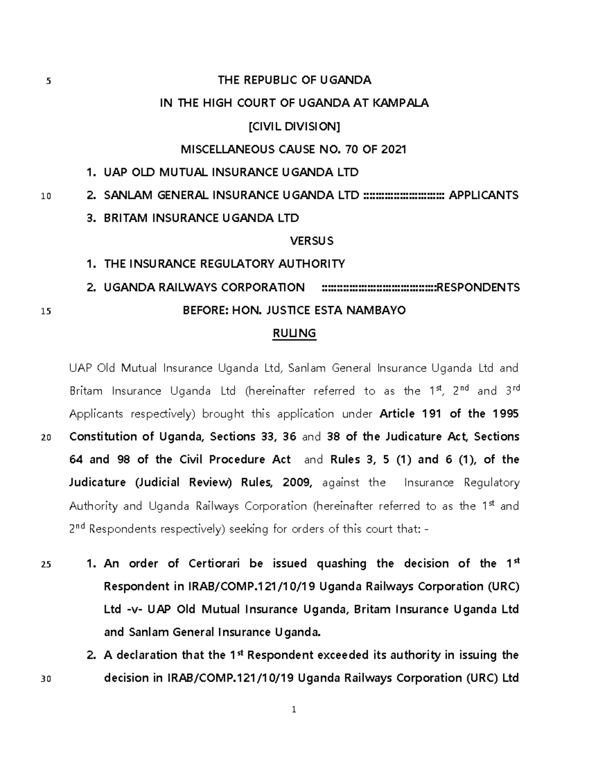 UAP Old Mutaul Insurance Uganda Limited and 2 Others v The Insurance ...