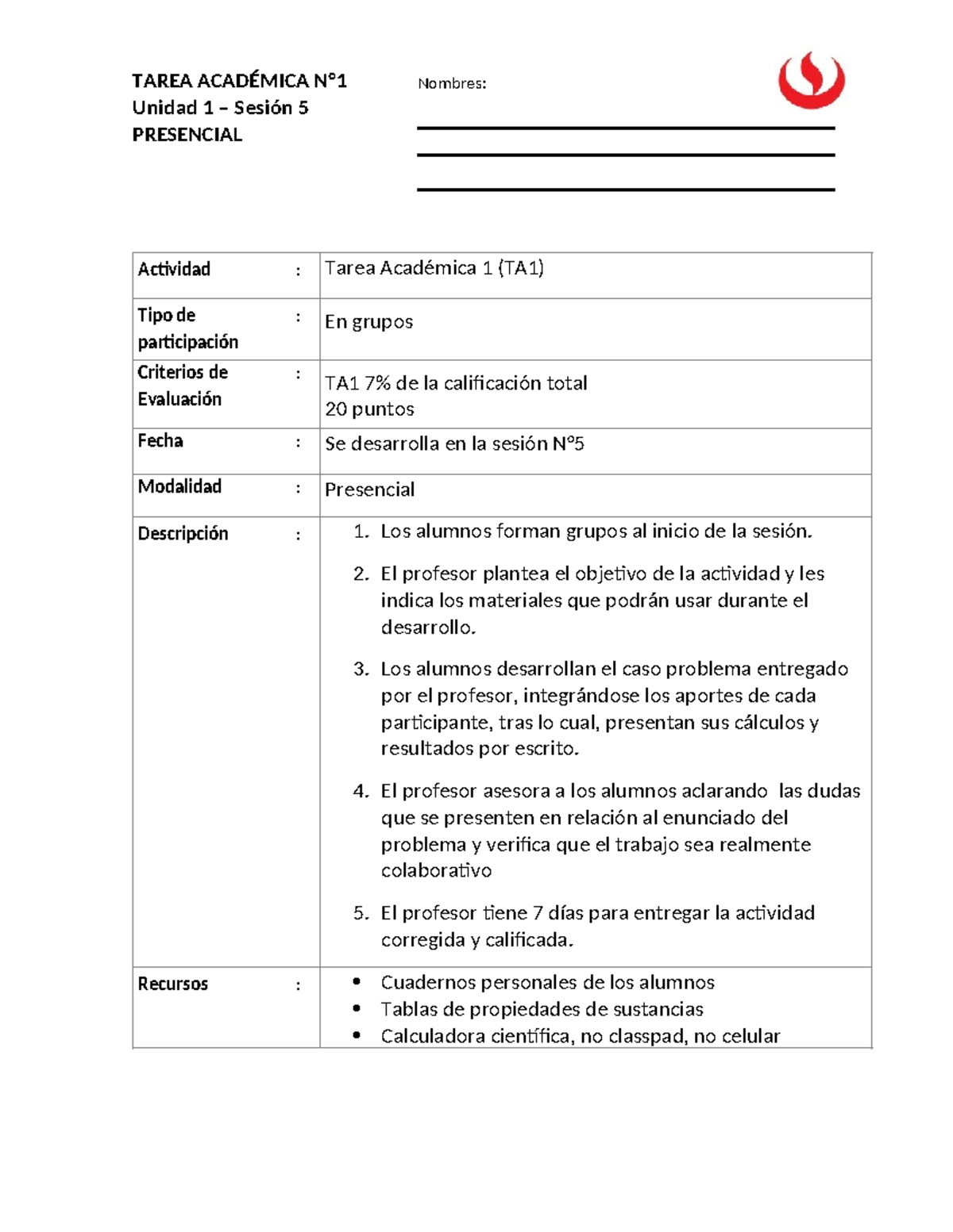 TA1- Balance de materia y energía -2021-1 - TAREA ACADÉMICA N° Unidad 1 ...