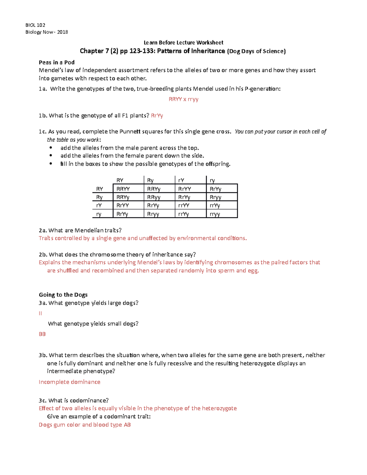 LBL-7. Patterns of inheritance-Ch 7 2019 - BIOL 102 Biology Now 2018 ...