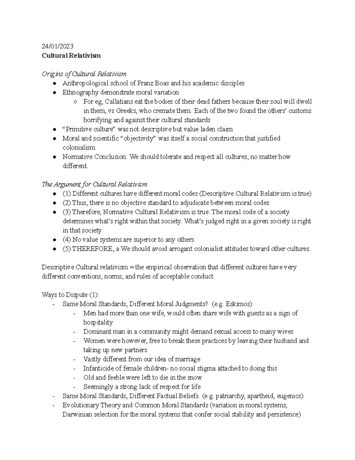 Class 2 notes - 24/01/ Cultural Relativism Origins of Cultural ...