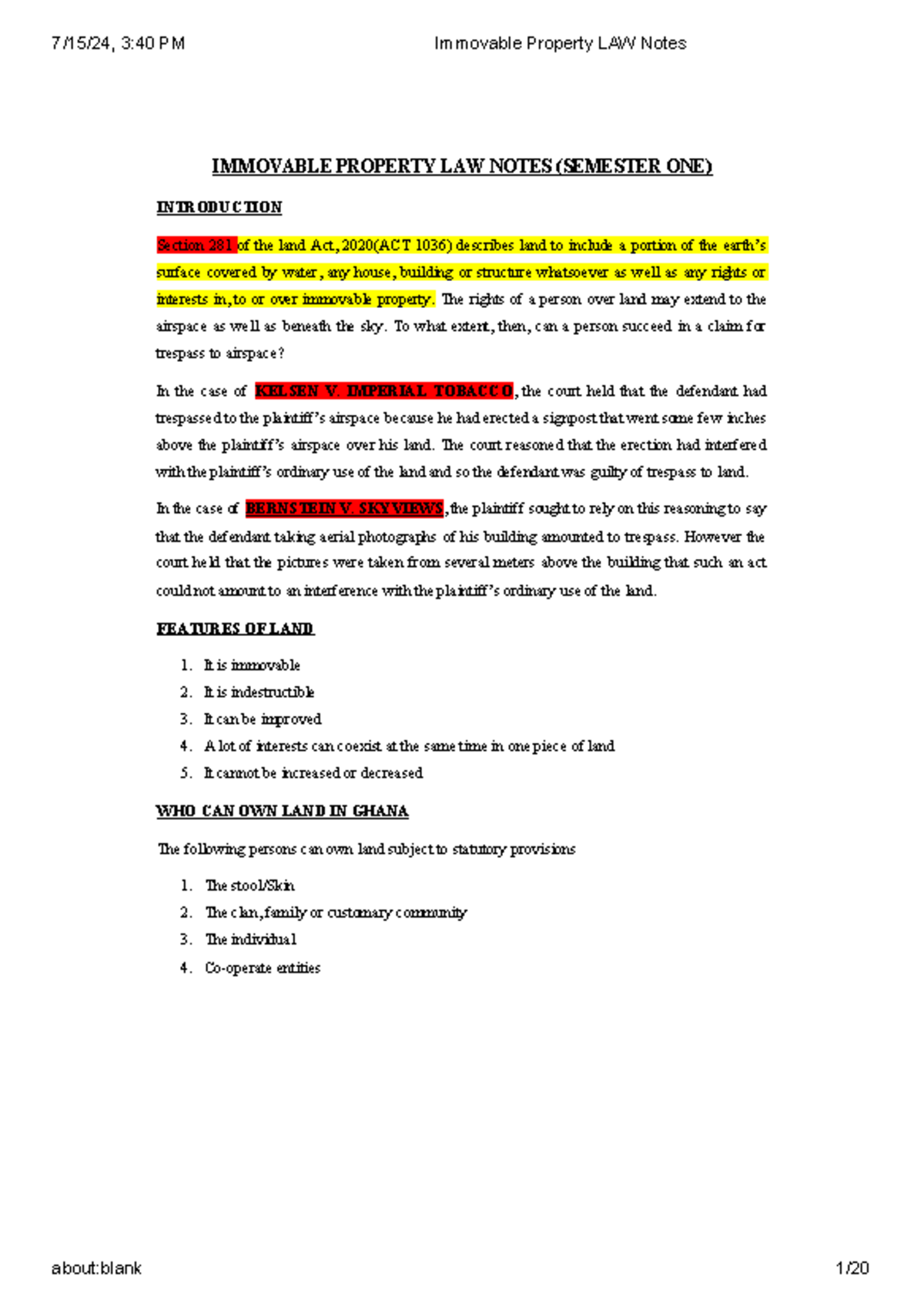 Immovable Property LAW Notes - IMMOVABLE PROPERTY LAW NOTES (SEMESTER ...