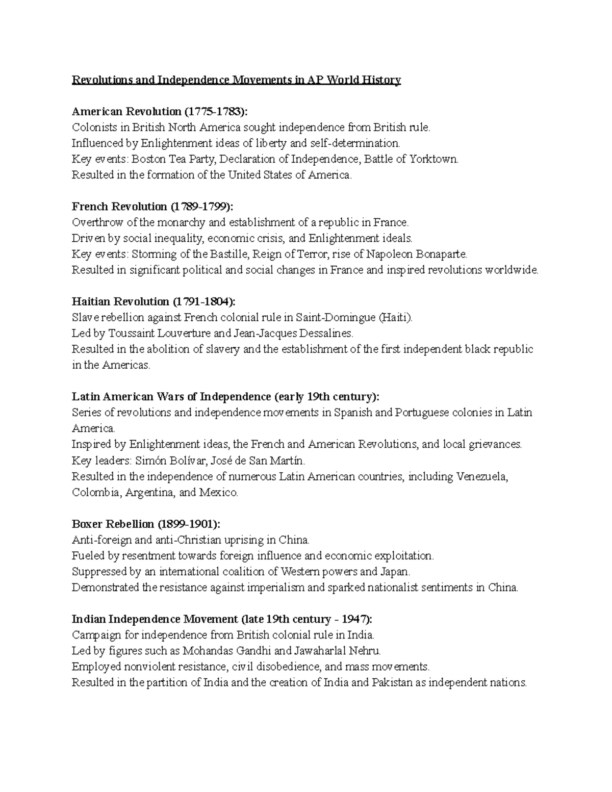 Revolutions and Independence Movements in AP World History - Influenced ...