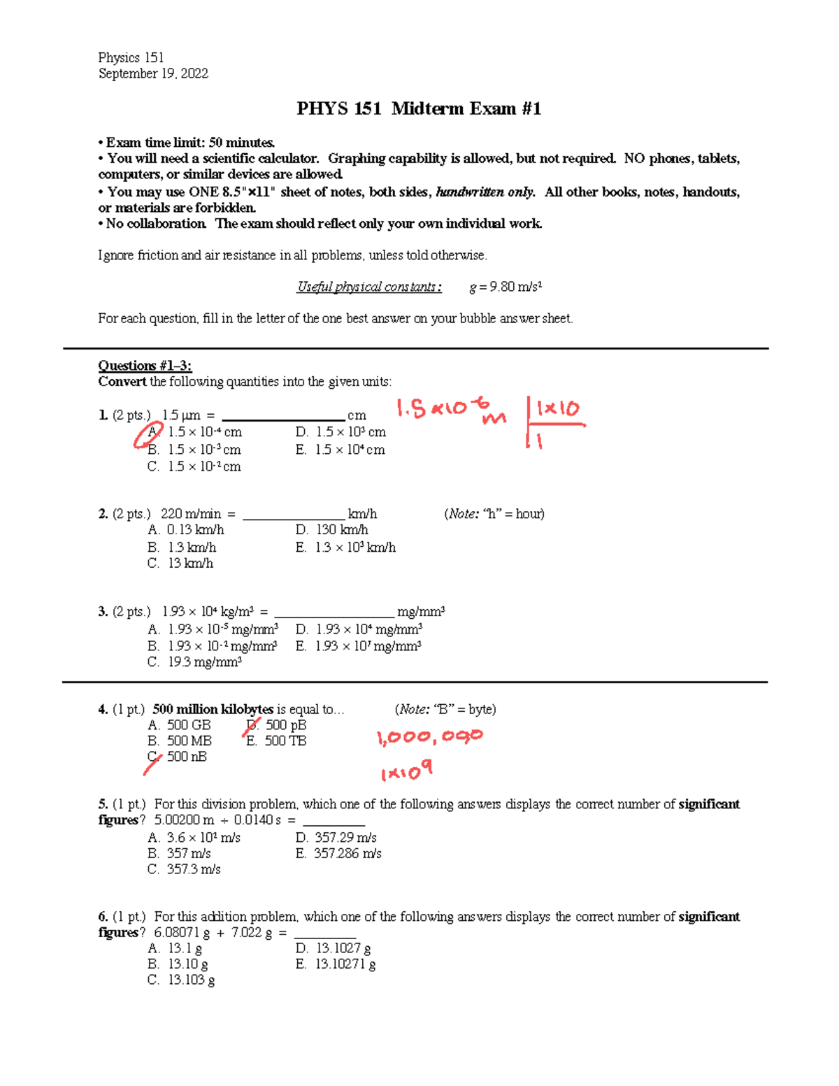Midterm 1 PHYS 151 - Physics 151 September 19, 2022 PHYS 151 Midterm Exam # Exam time limit: 50 ...
