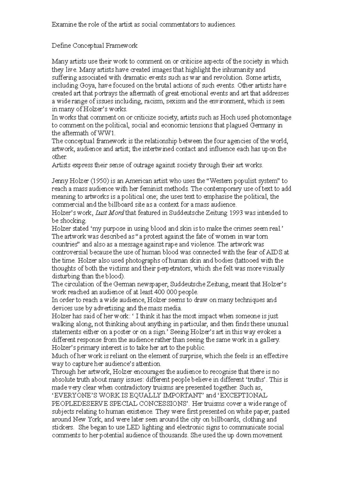 Visual Arts Assessment Task - Examine the role of the artist as social ...