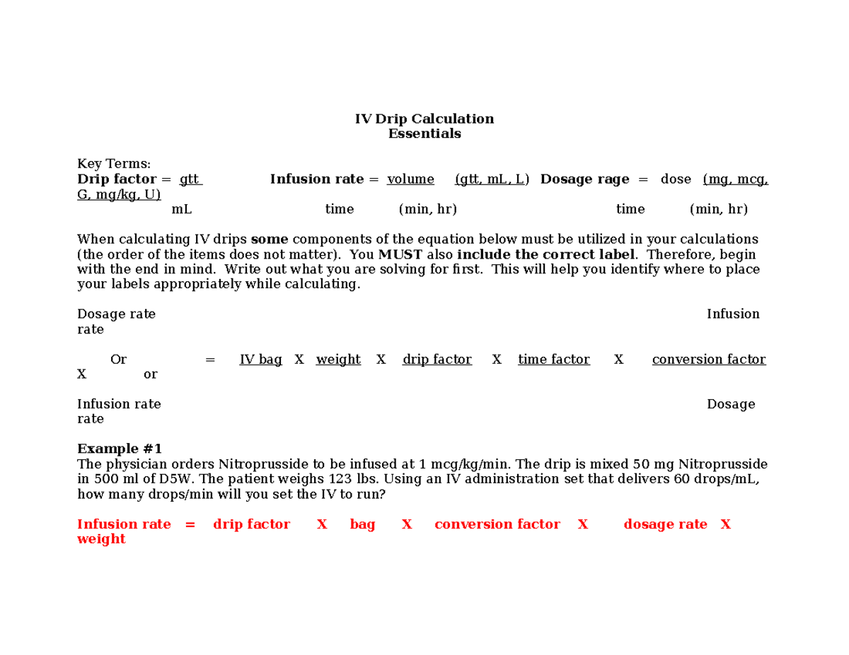 IV DRIP Calculation Sheet - IV Drip Calculation Essentials Key Terms ...