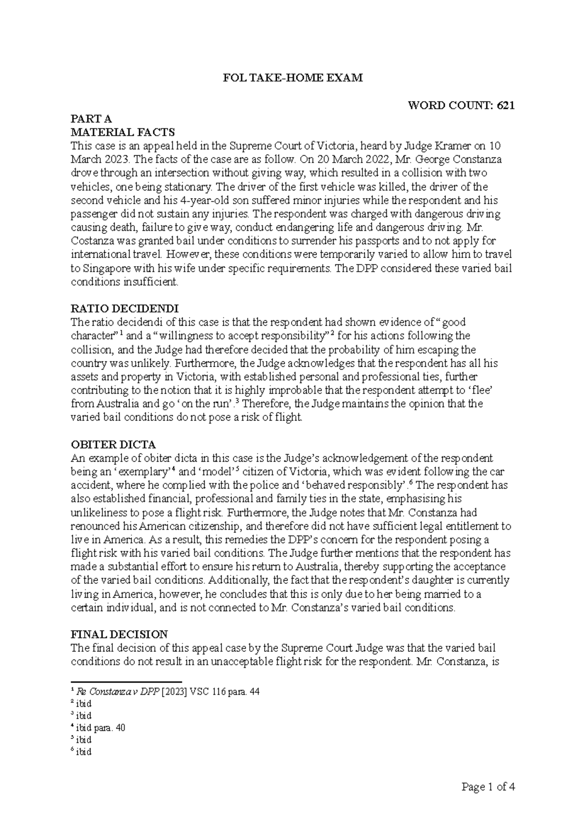 FOL EXAM 1 - FOL TAKE-HOME EXAM WORD COUNT: 621 PART A MATERIAL FACTS ...