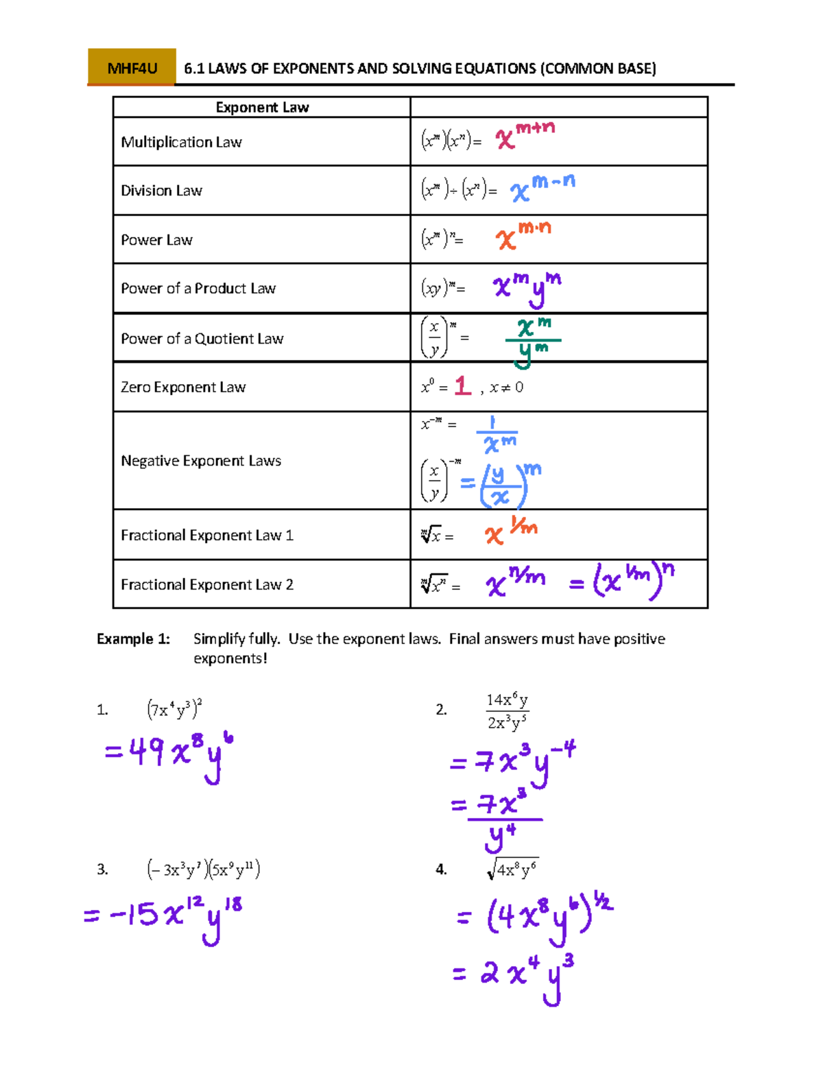 6.01 - Laws of Exponents and Solving Eqns - MHF4U 6 LAWS OF EXPONENTS ...