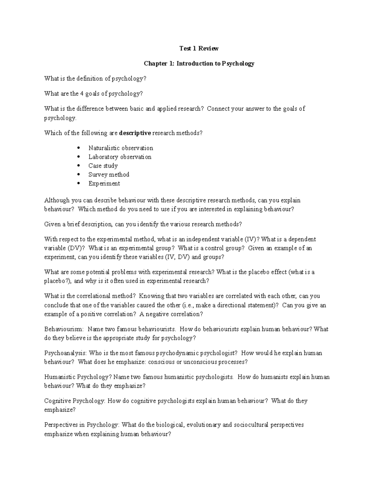 Test 1 Review - Test 1 Review Chapter 1: Introduction to Psychology ...