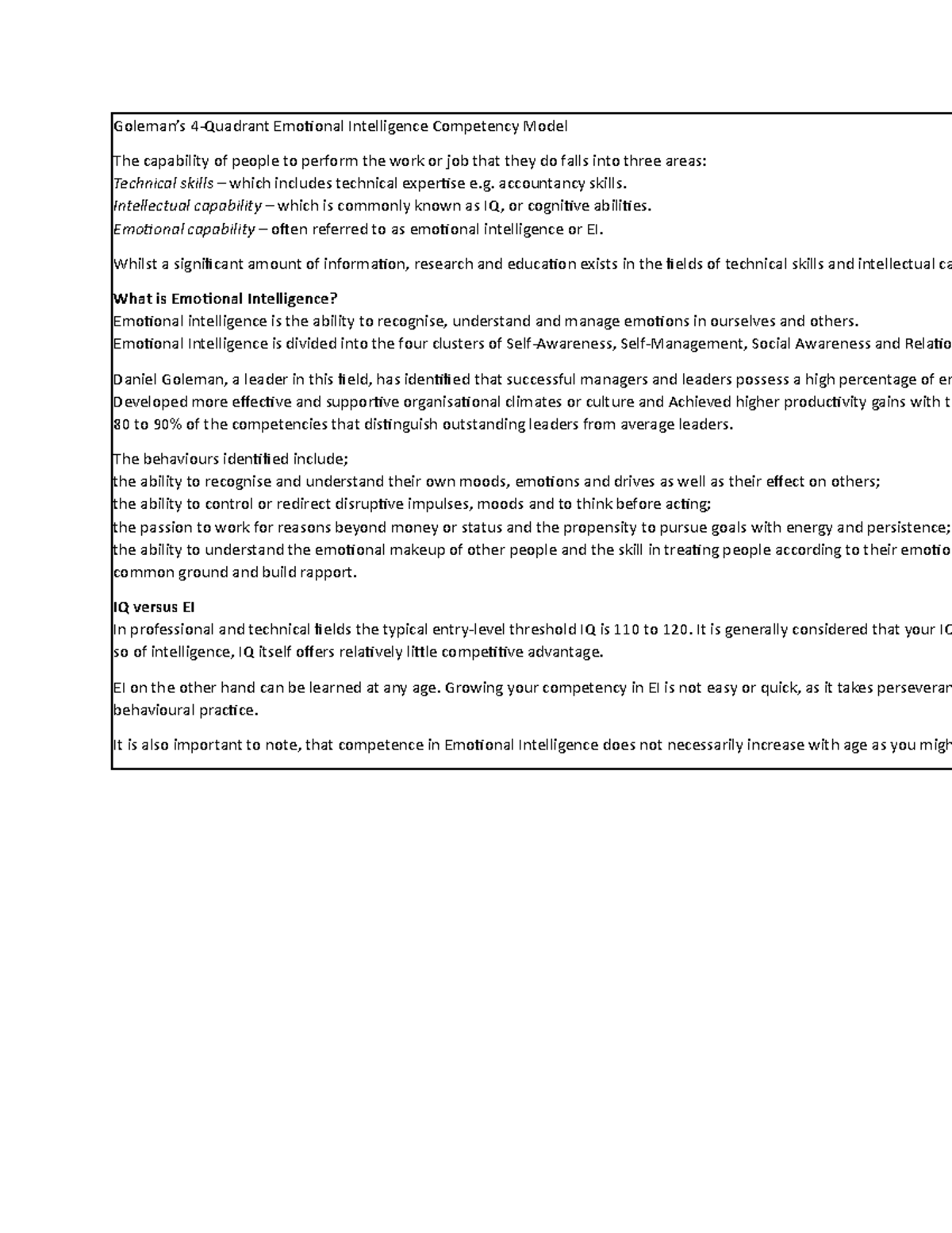 Goleman's 4-Quadrant Emotional Intelligence Competency Model ...