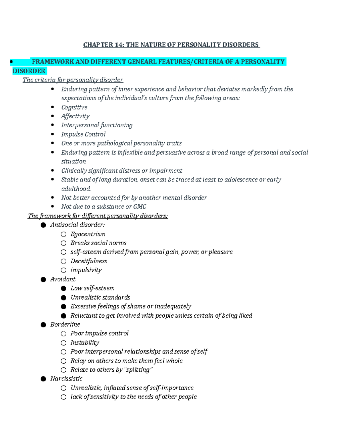 Chapter 14 Personality Disorders Guided Lecture Notes - CHAPTER 14: THE ...