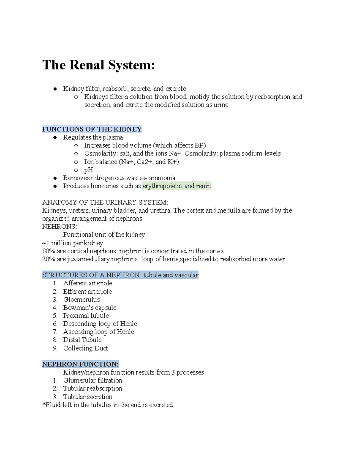 The Renal System - Functions of kidneys, structures and functions of ...
