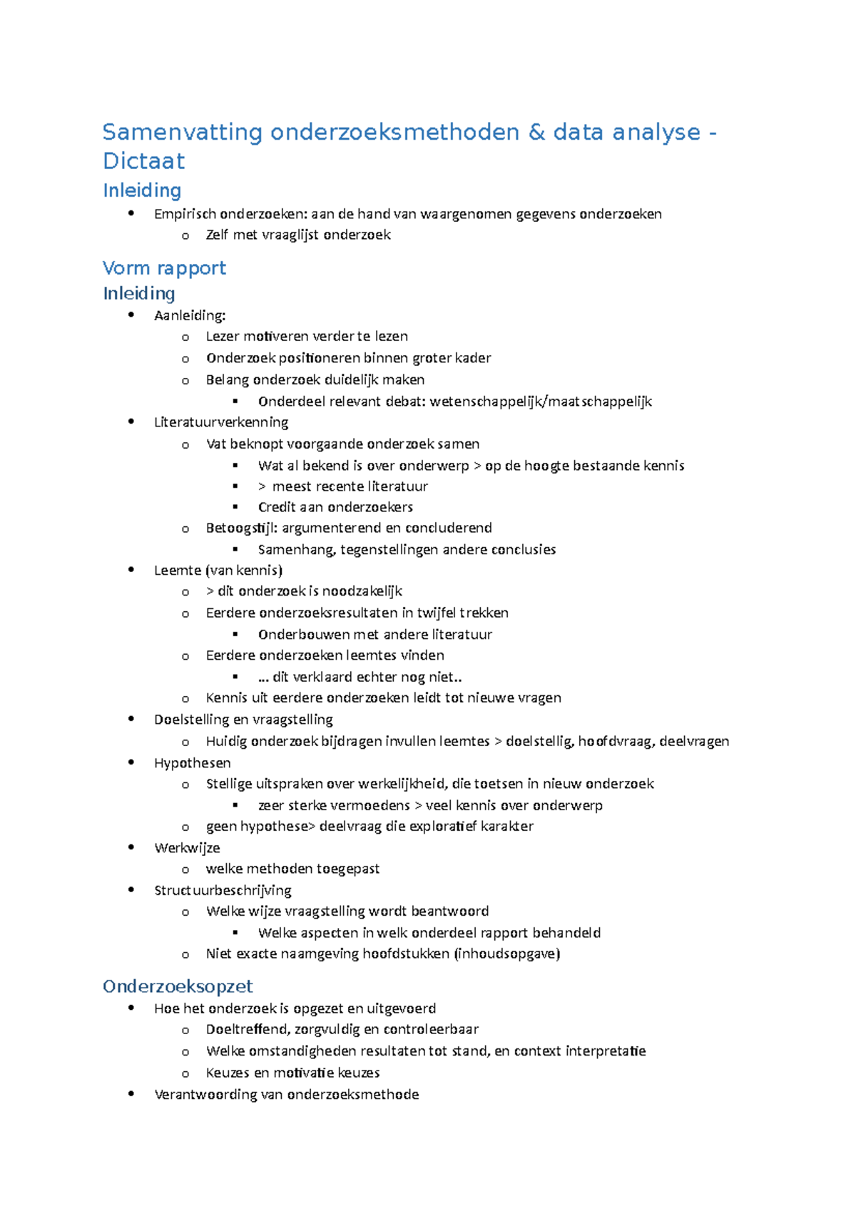 Samenvatting onderzoeksmethoden Dictaat - Samenvatting ...