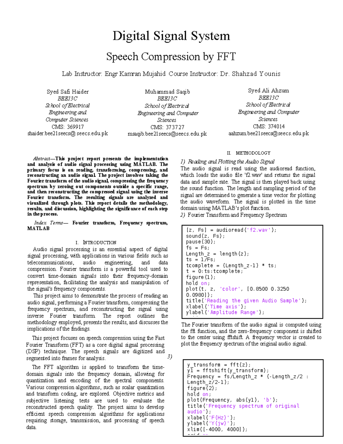 DSP report - Digital Signal System Speech Compression by FFT Lab Instructor: Engr Kamran Mujahid ...