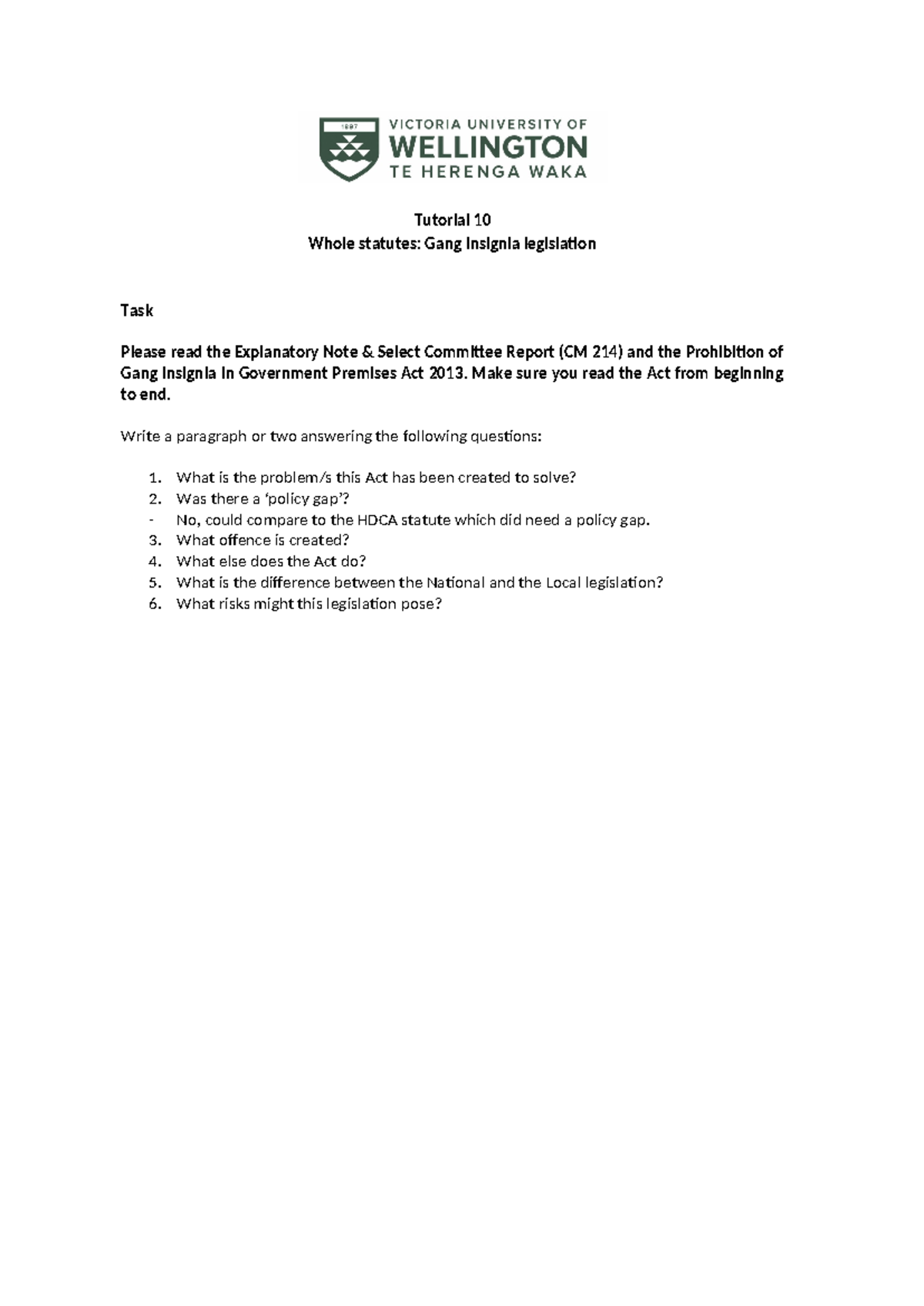 2021 LAWS123 Tutorial 10 - Gang Insignia - Tutorial 10 Whole statutes ...