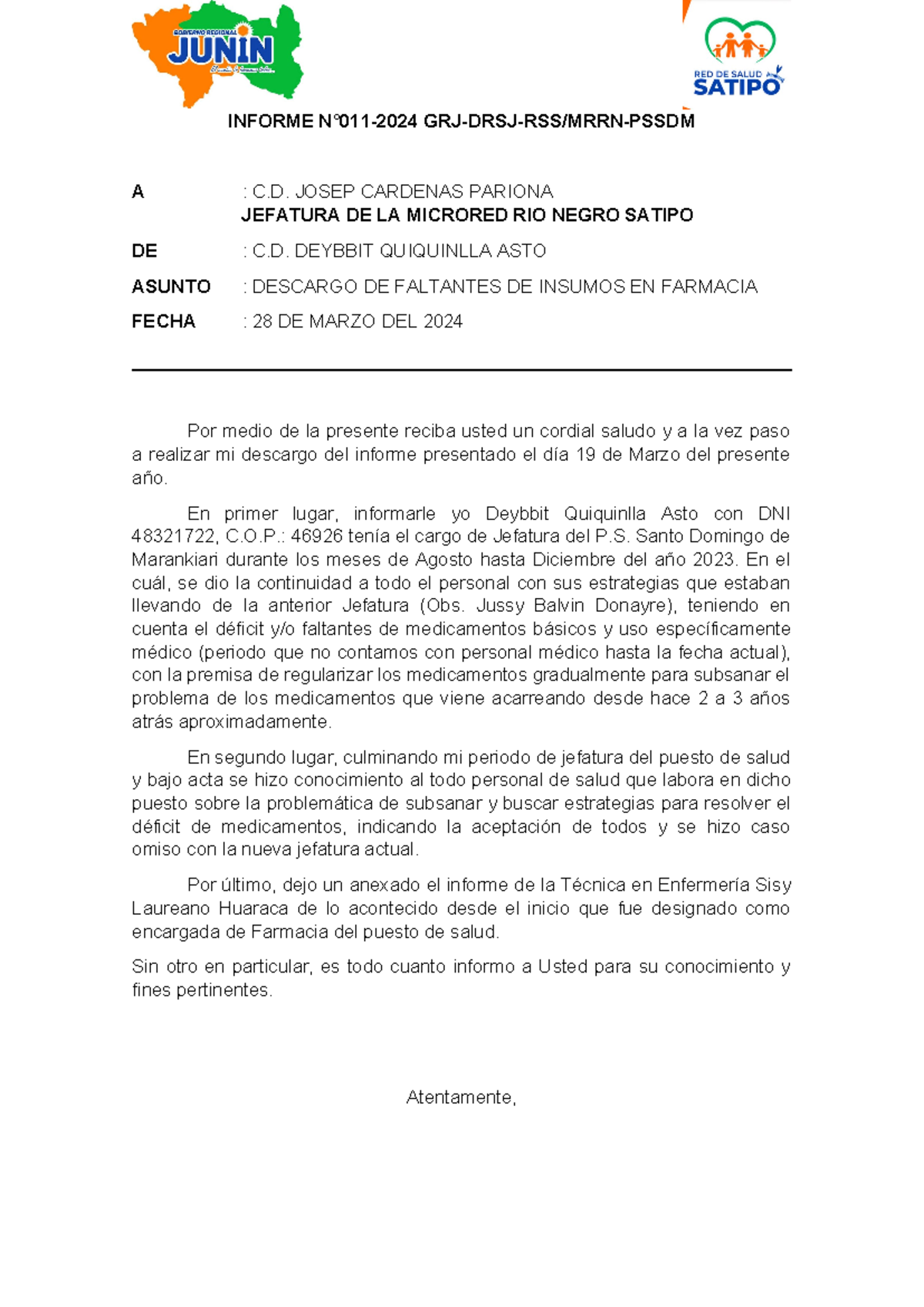 Informe Sobre Faltante DE Medicamentos - INFORME N°011-2024 GRJ-DRSJ-RSS/MRRN-PSSDM A : C. JOSEP ...