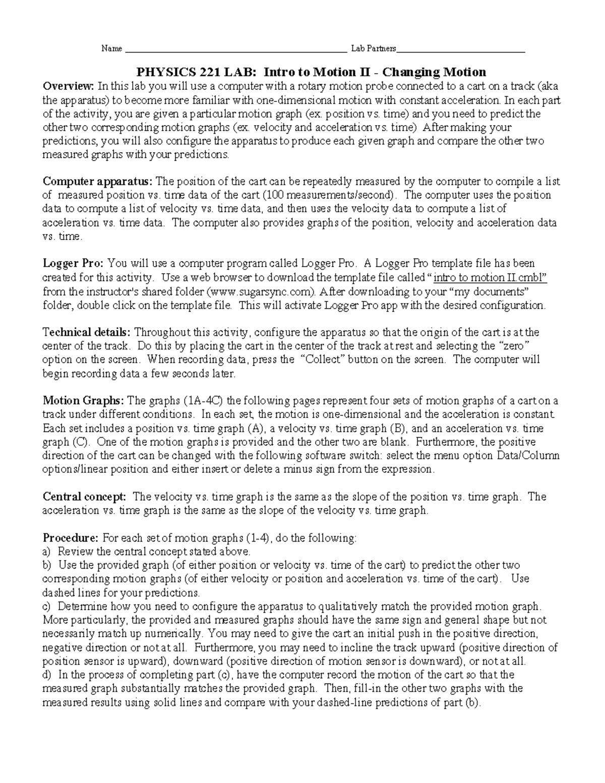 P212 L02 intro motion II - Name Lab Partners PHYSICS 221 LAB: Intro to ...