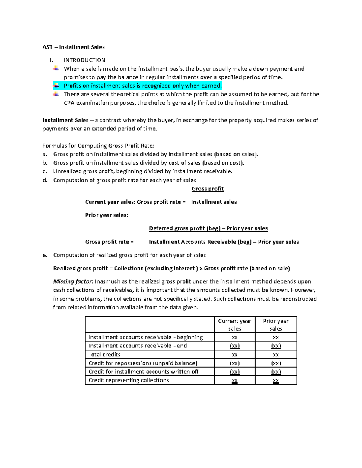 Installment Sales - INTRODUCTION When a sale is made on the installment ...