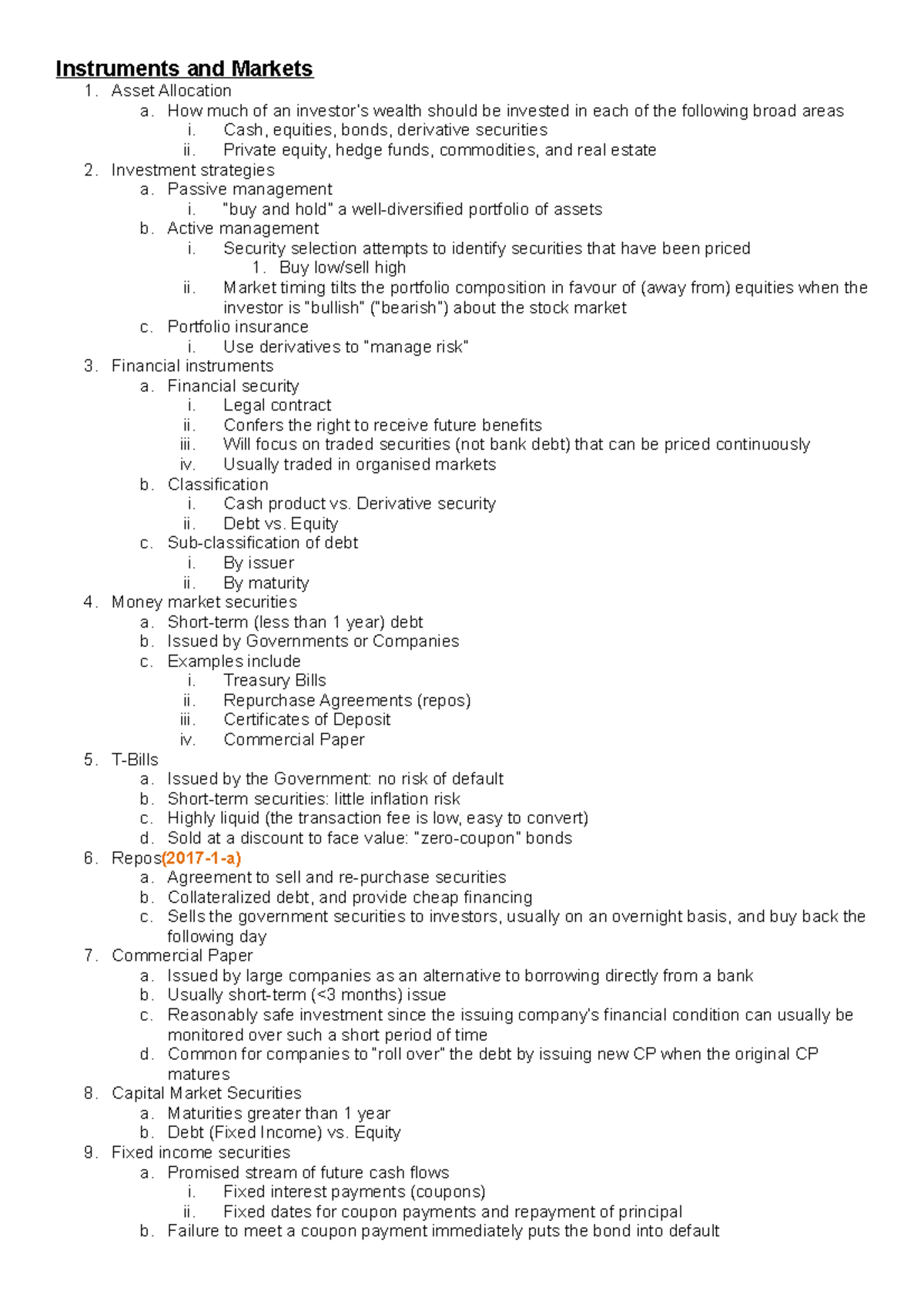 Outline - Summary Investment Management - Instruments and Markets 1 ...