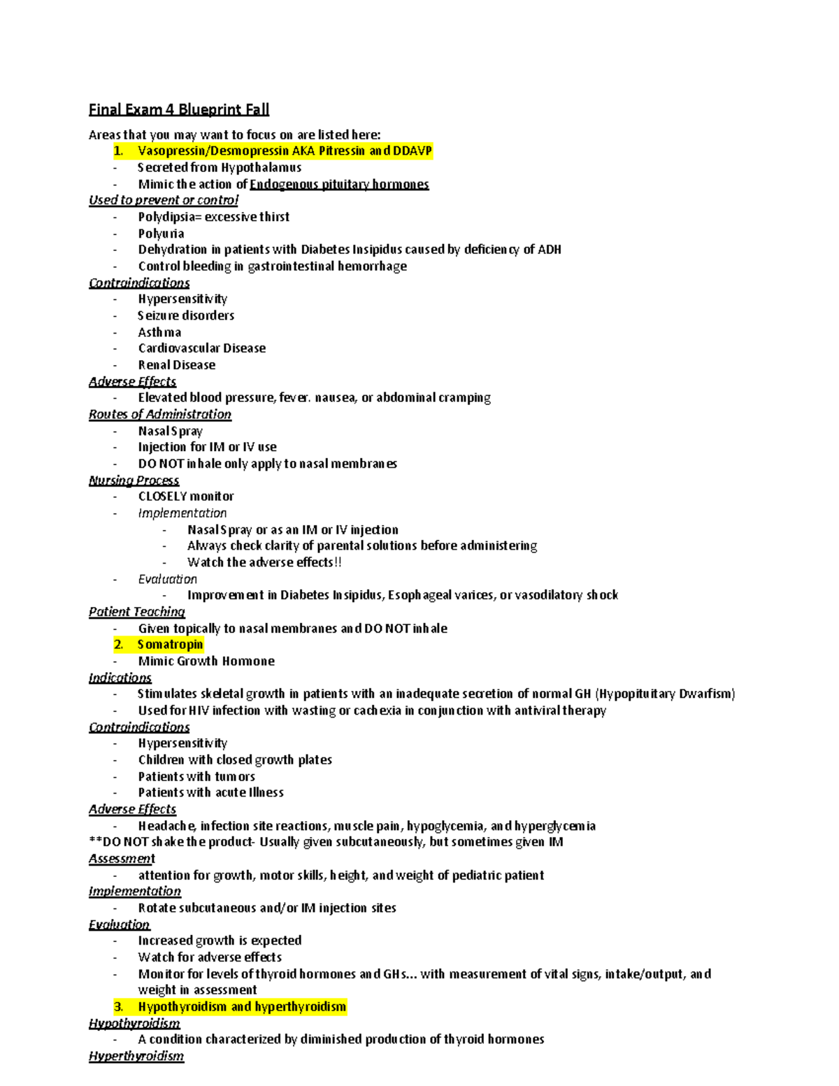 Pharm Final Blueprint - Final Exam 4 Blueprint Fall Areas that you may ...